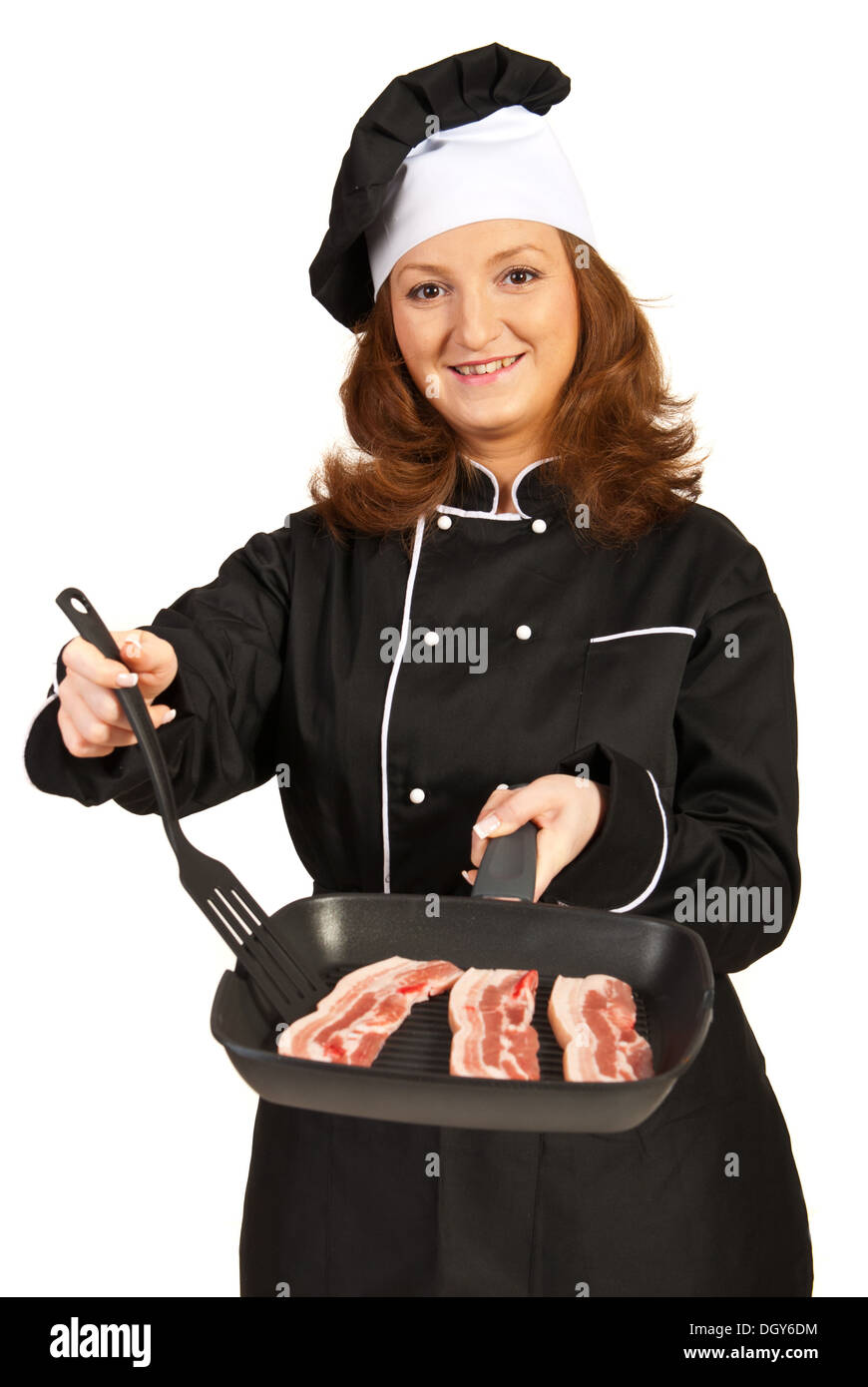 Chef woman prepare meat grill isolated on white background Stock Photo ...
