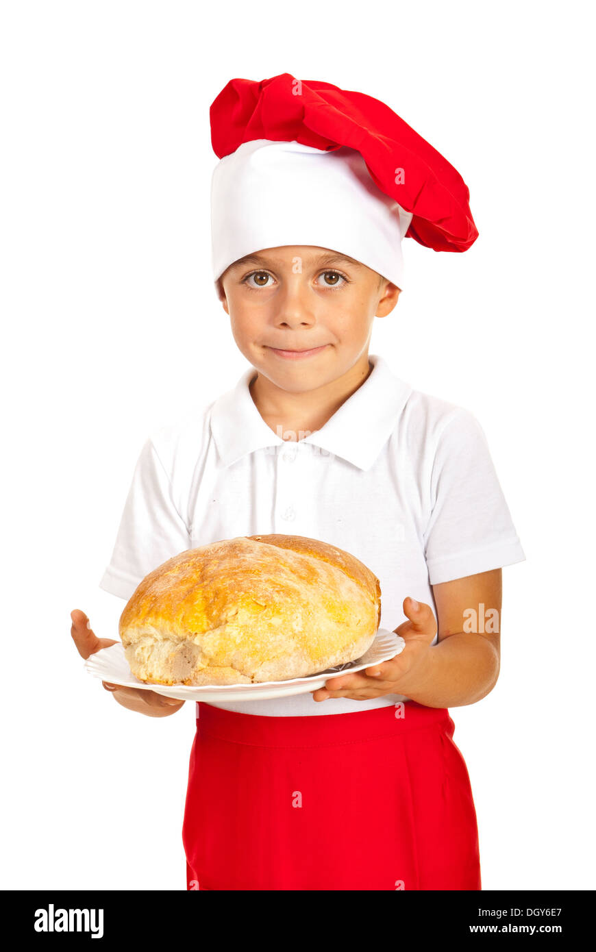 Chef boy giving bread isolated on white background Stock Photo - Alamy