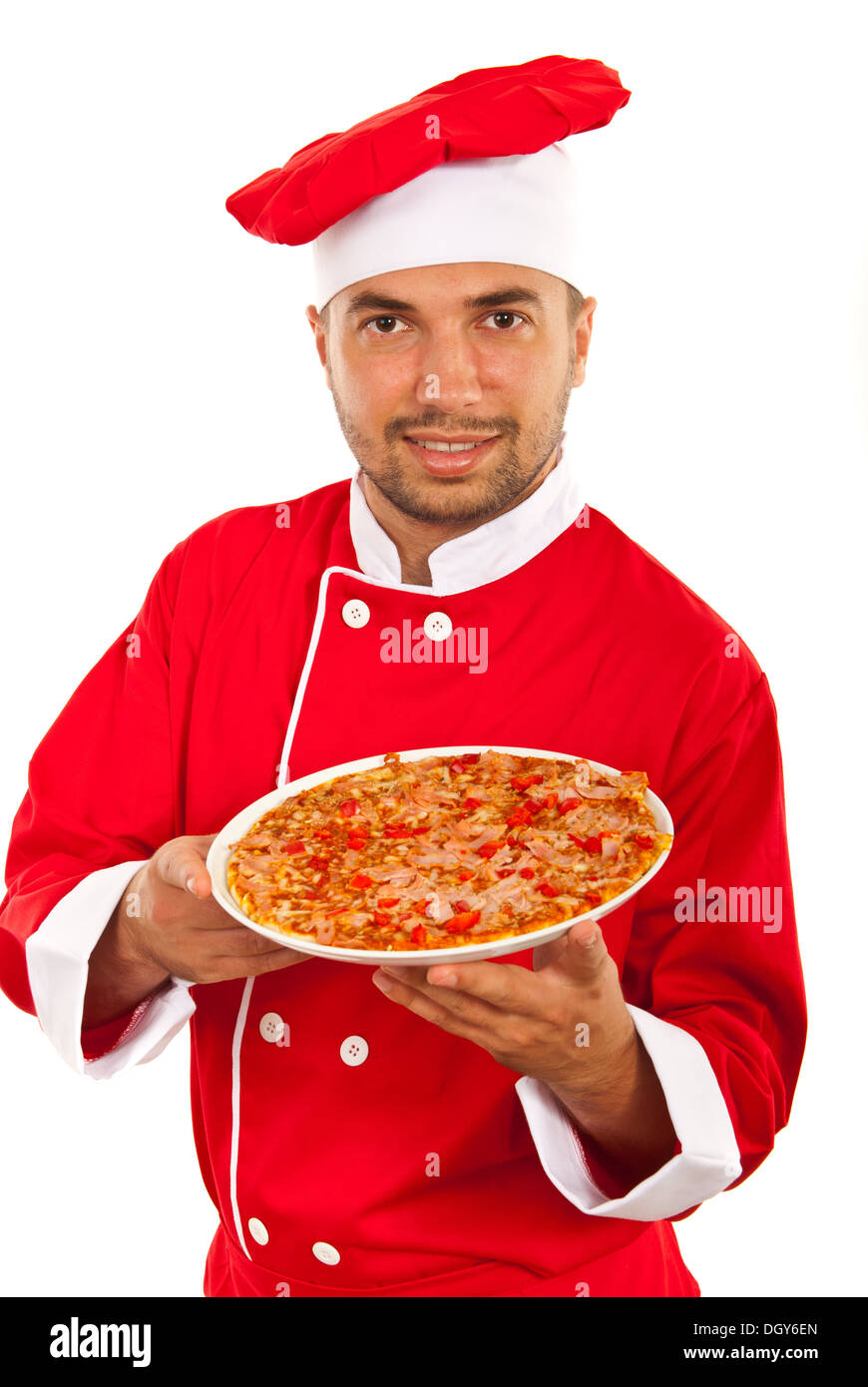 Chef man showing pizza isolated on white background Stock Photo - Alamy