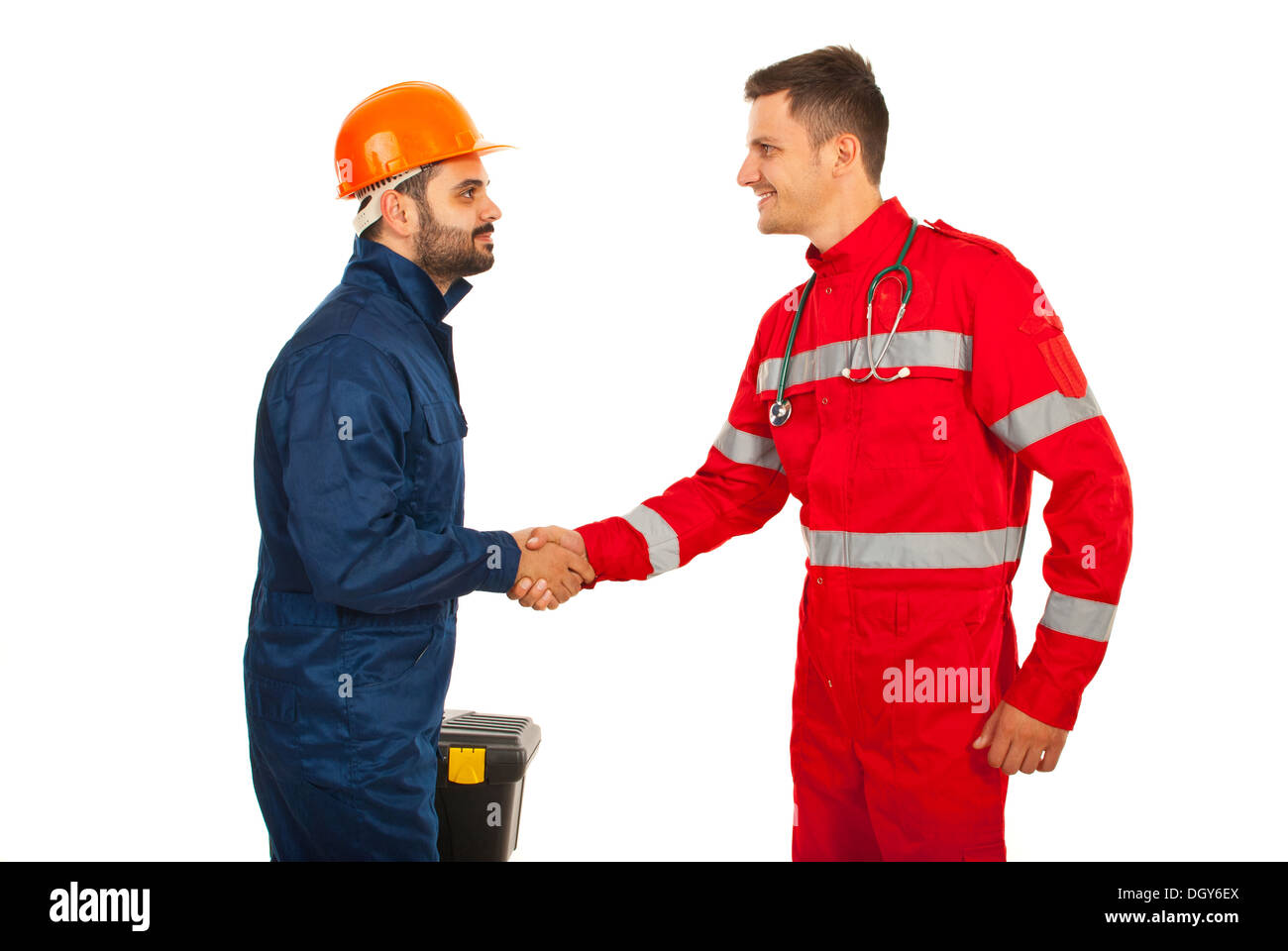 Paramedic and constructor worker meeting and giving hand shake isolated ...