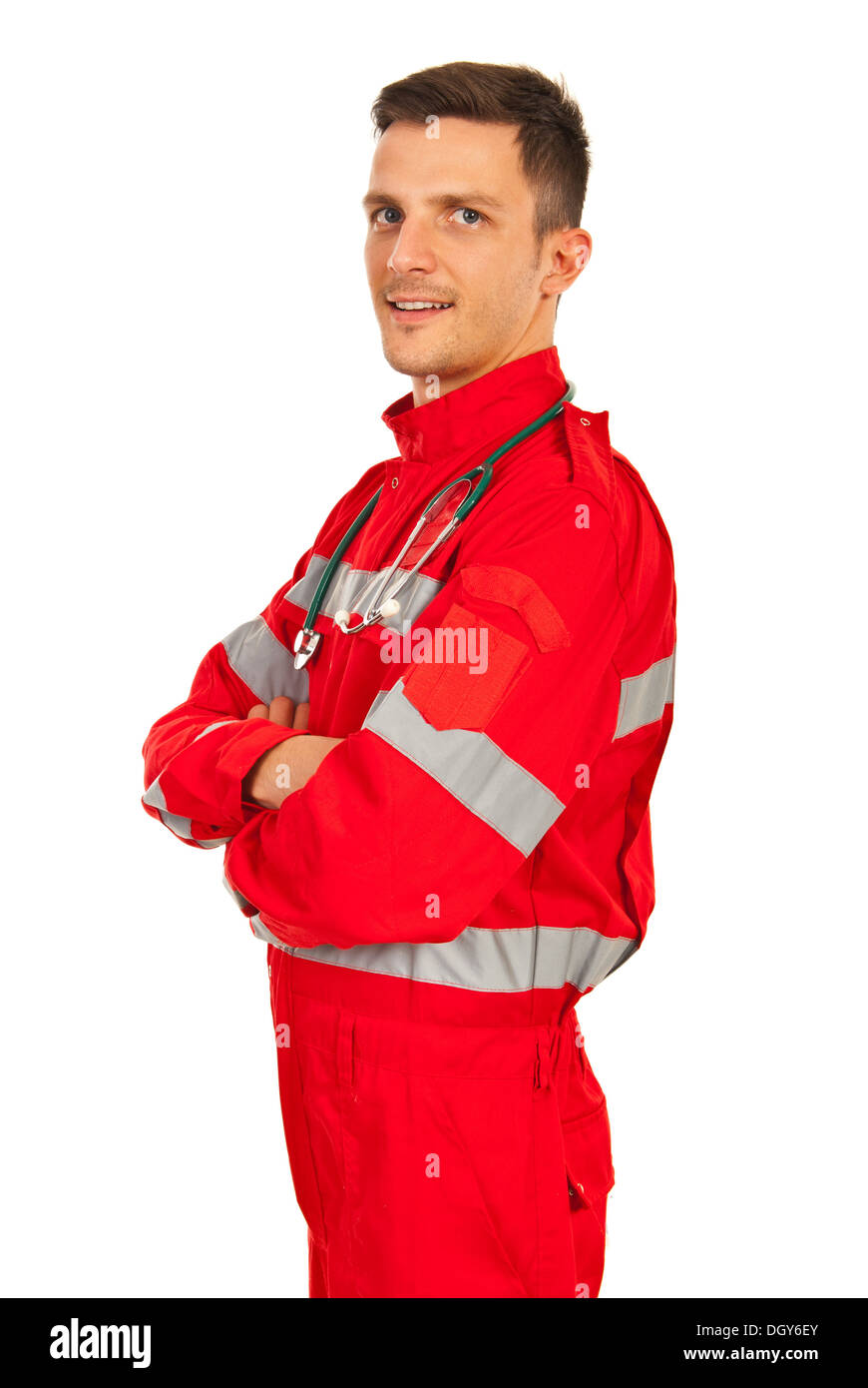 Confident paramedic man with arms folded isolated on white background ...