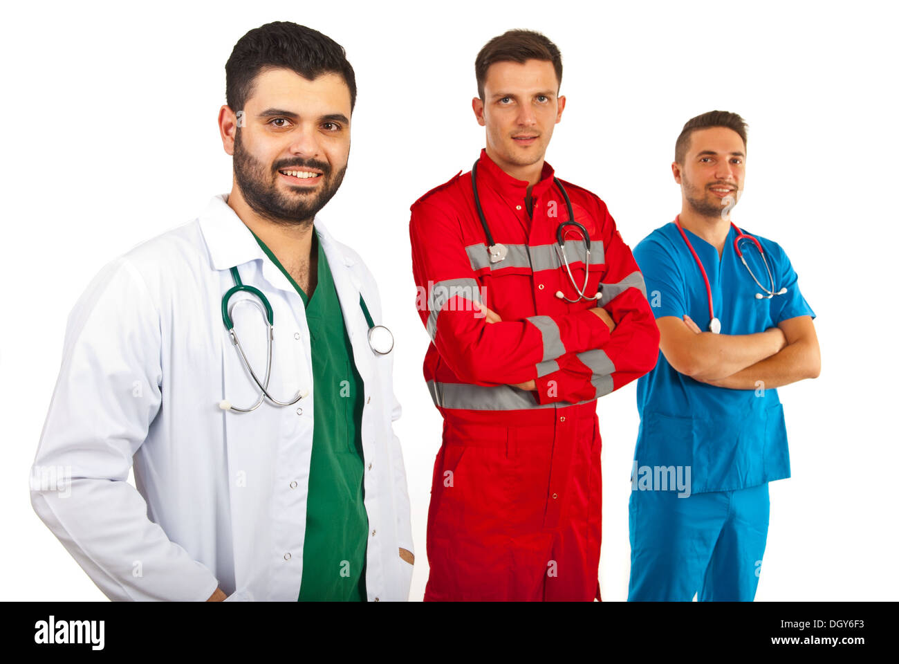 Happy team of different doctors isolated on white background Stock ...