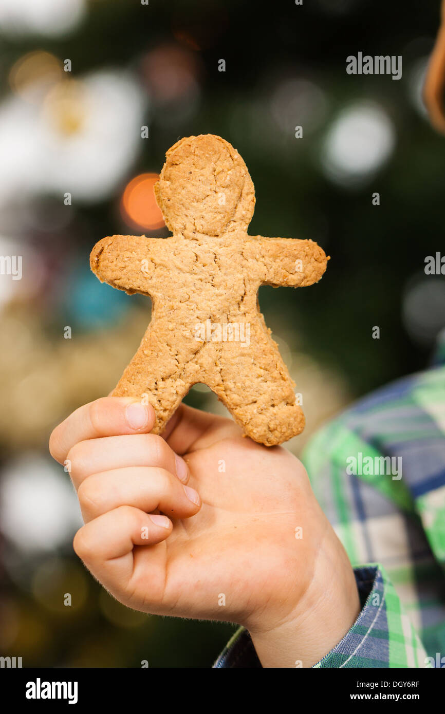 A childs's hand is holding a gingerbread man in front of a Christmas ...