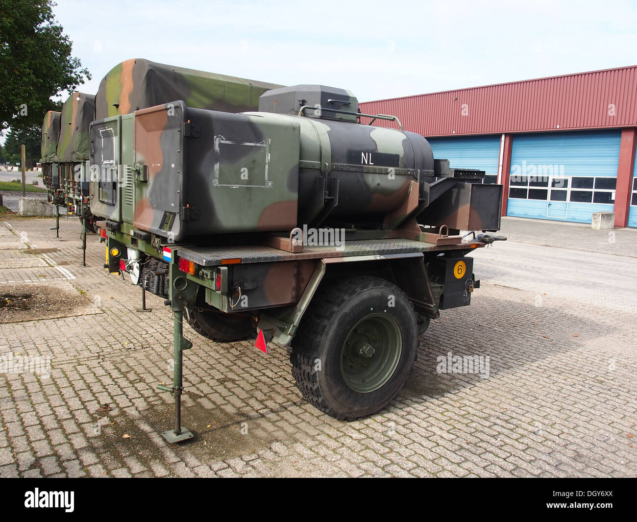 A Dutch Army trailer bowser, used for transporting fuel or water, is ...