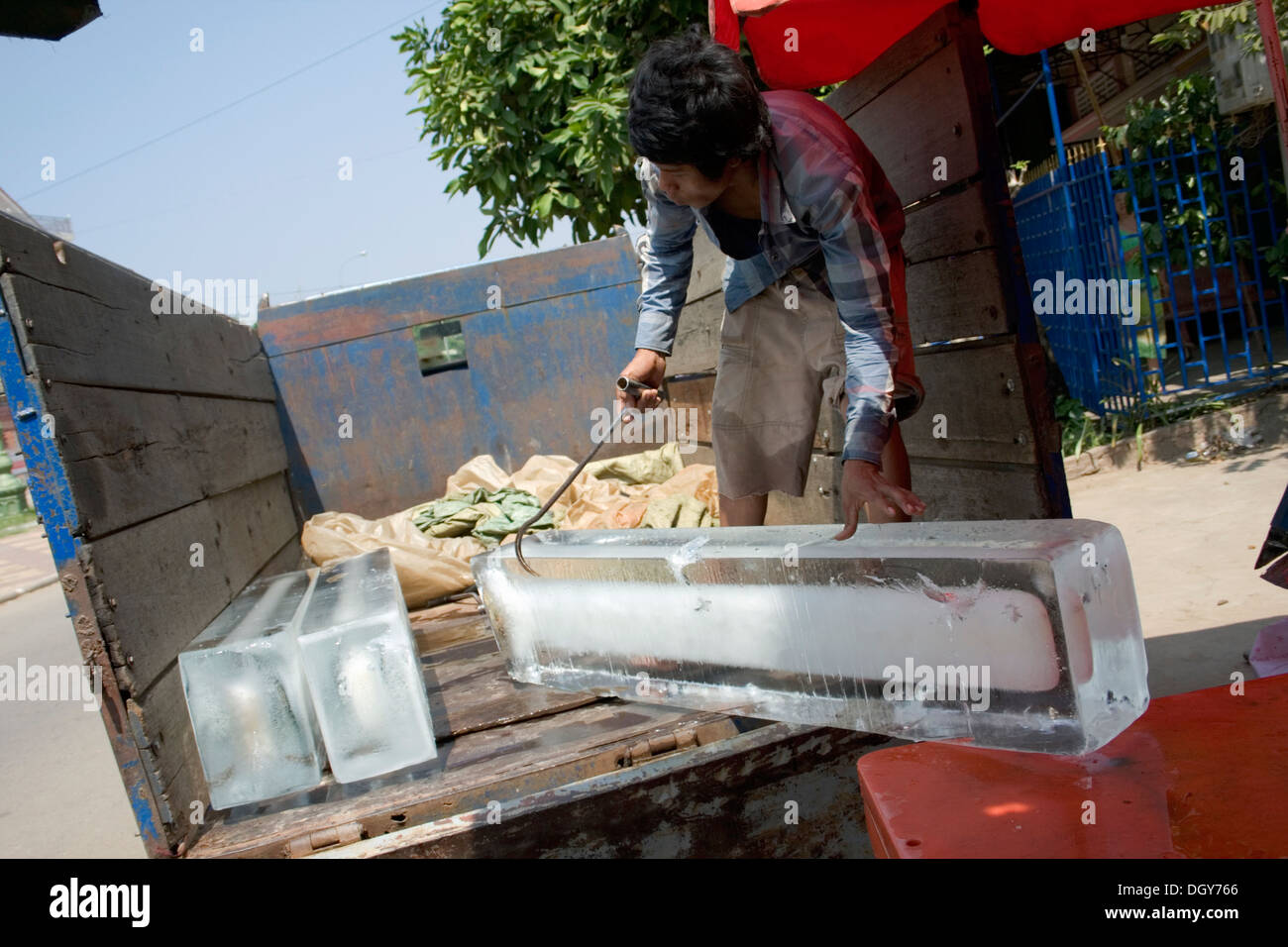 A worker is unloading a large ice block from a truck while using a gaff ...