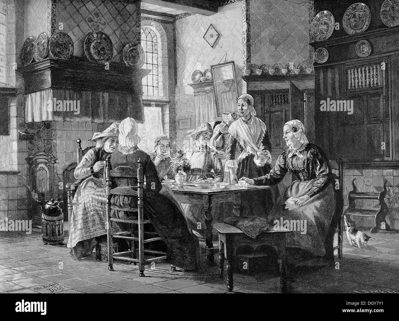 Tea time, illustration from the yearbook Modern Art in Master Woodcuts ...