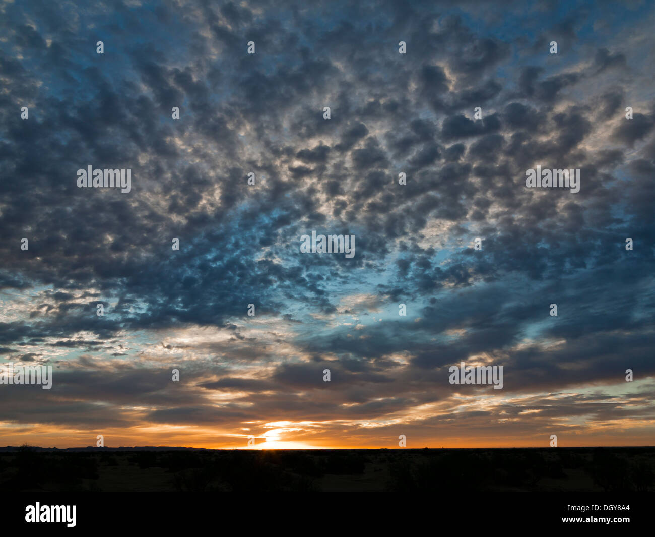 Sunrise over a desert horizon with mottled sky and diffused sun disc ...
