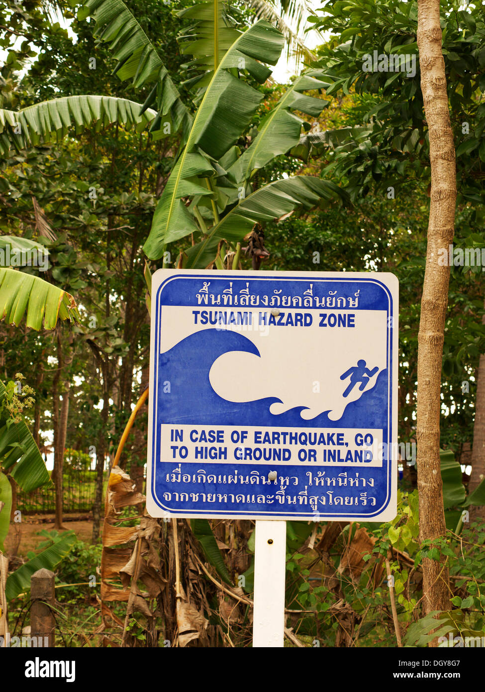 Tsunami warning sign on the island of Ko Lanta, Andaman Sea, Krabi ...
