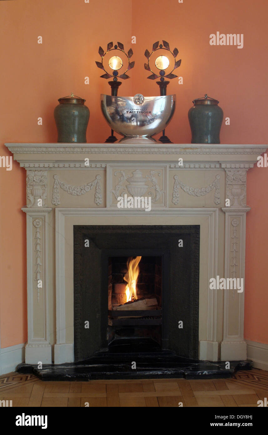 Open fireplace with a fire blazing, stylish environment Stock Photo - Alamy