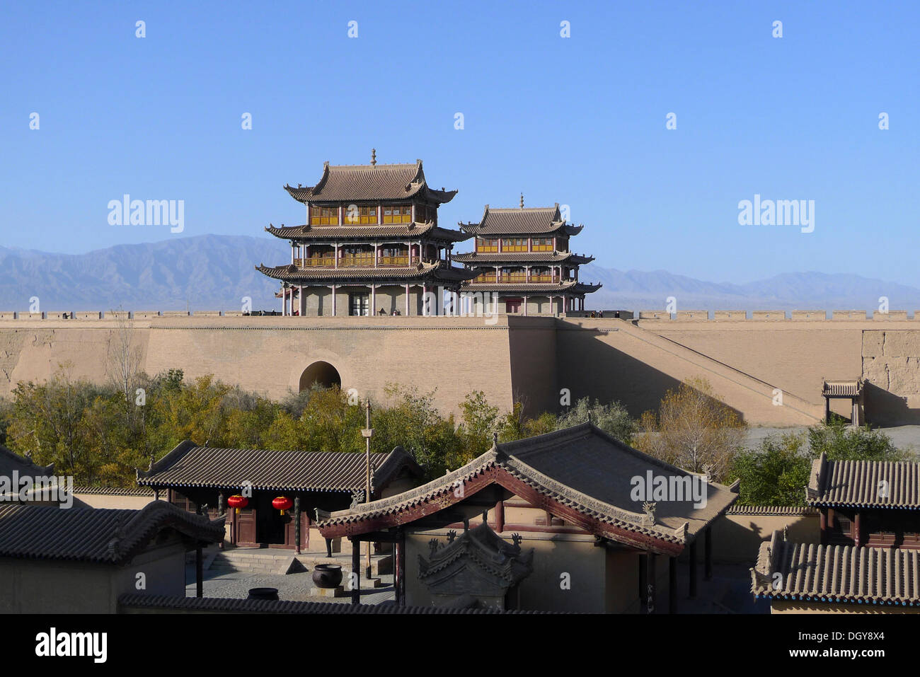 Jiayuguan Fortress with two gatehouses at the western end of the Great ...