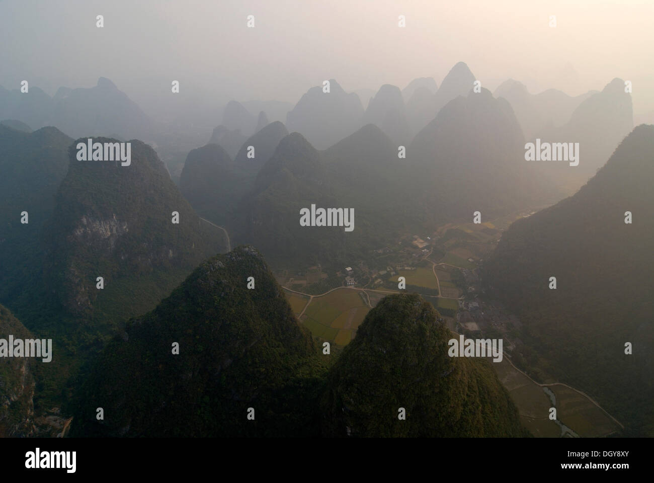Rocky karst landscape near Yangshuo, aerial, Guilin, Guangxi, China ...