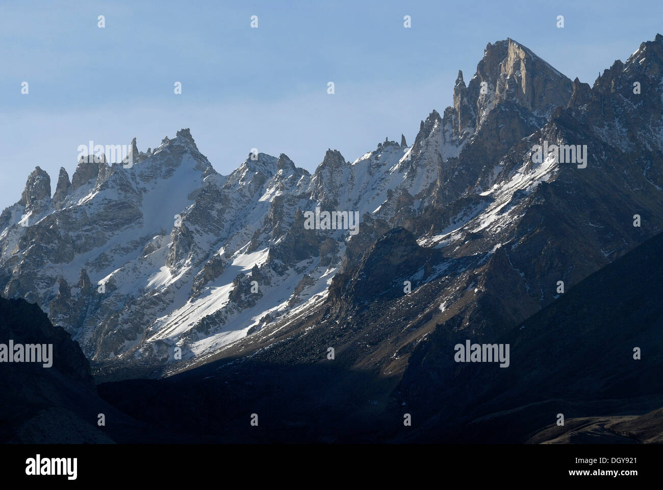 Himalayan main ridge with jagged snow-capped rocks on route from the ...