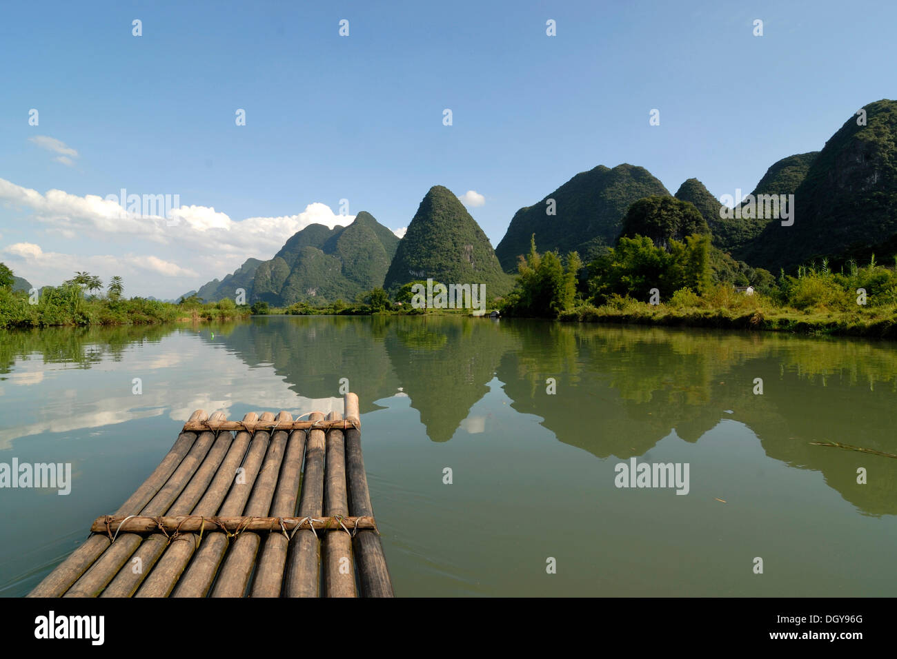 Bamboo raft on the Yulong river in the karst landscape near Yangshuo ...