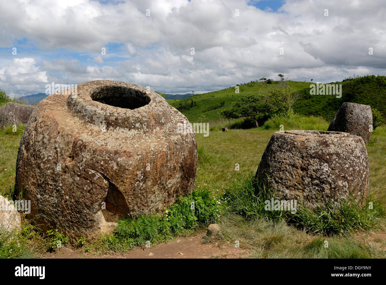 Archeology, ancient large stone jars scattered in the landscape, Plain ...