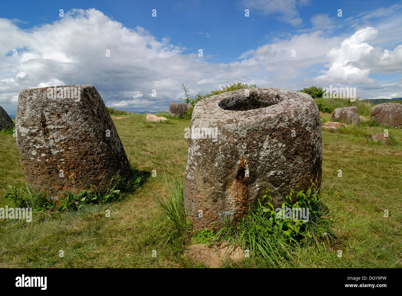 Archeology, ancient large stone jars in the landscape, Plain of Jars ...