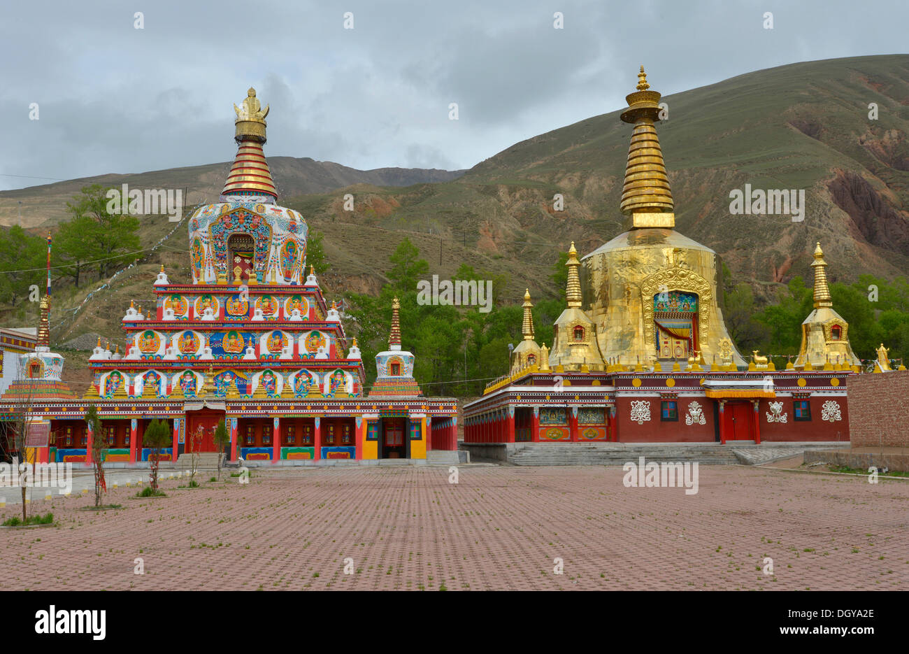 Tibetan Buddhism, new large painted and gilded chorten, stupa at the ...