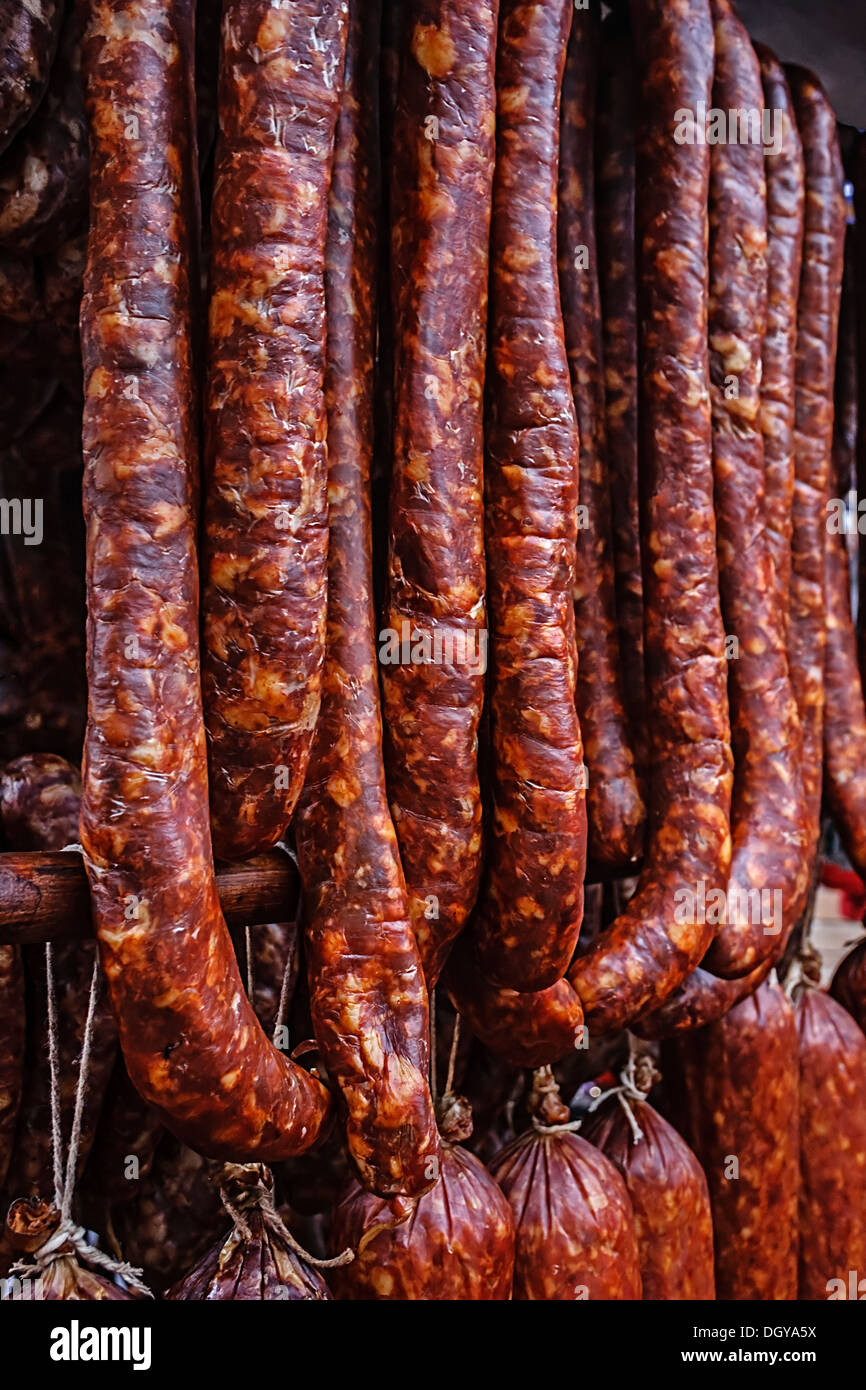 Various types of romanian sausages (carnati), smoked and dried, exposed ...