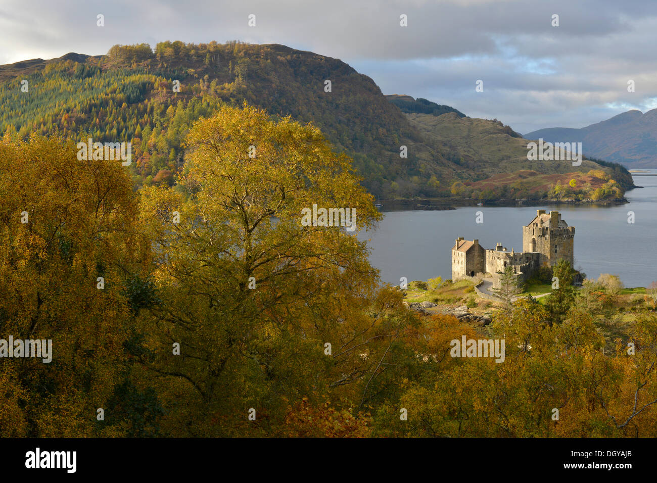 Eilean Donan Castle with autumnal forest, headquarters of the Scottish ...