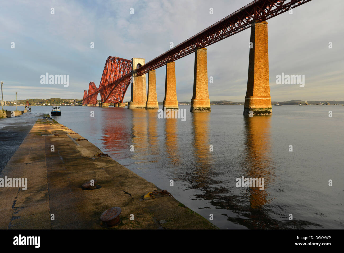 Boat wharf at Forth Bridge, railway bridge over the Firth of Forth ...