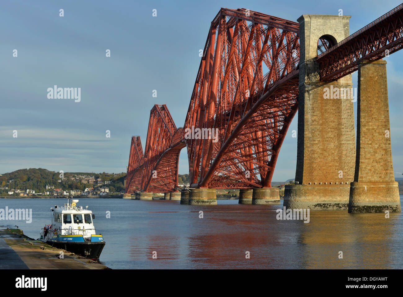 Boat wharf at Forth Bridge, railway bridge over the Firth of Forth ...