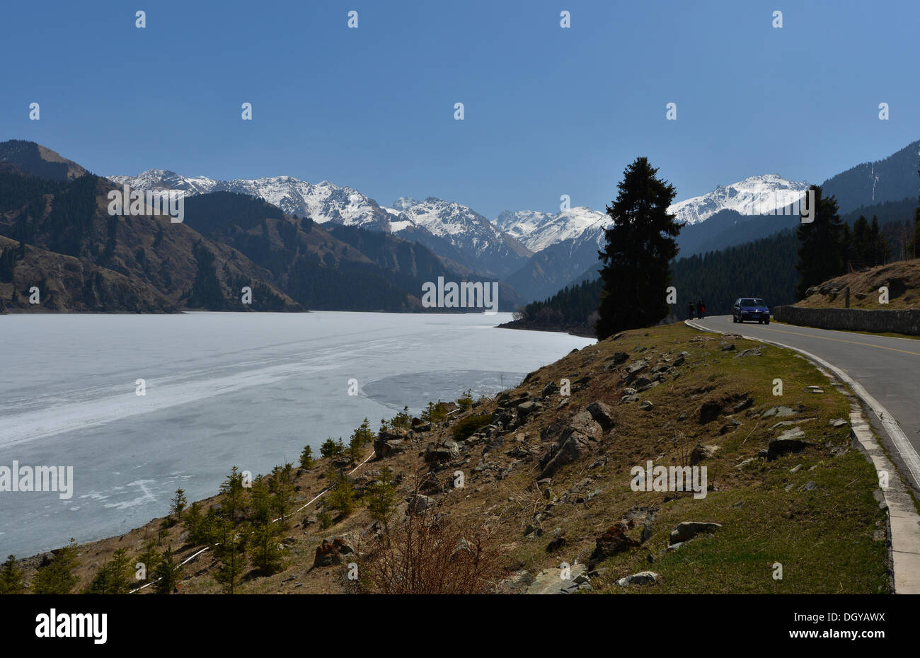 Frozen mountain lake, Heaven Lake, Tian Chi, Tian Shan or Tien Shan ...