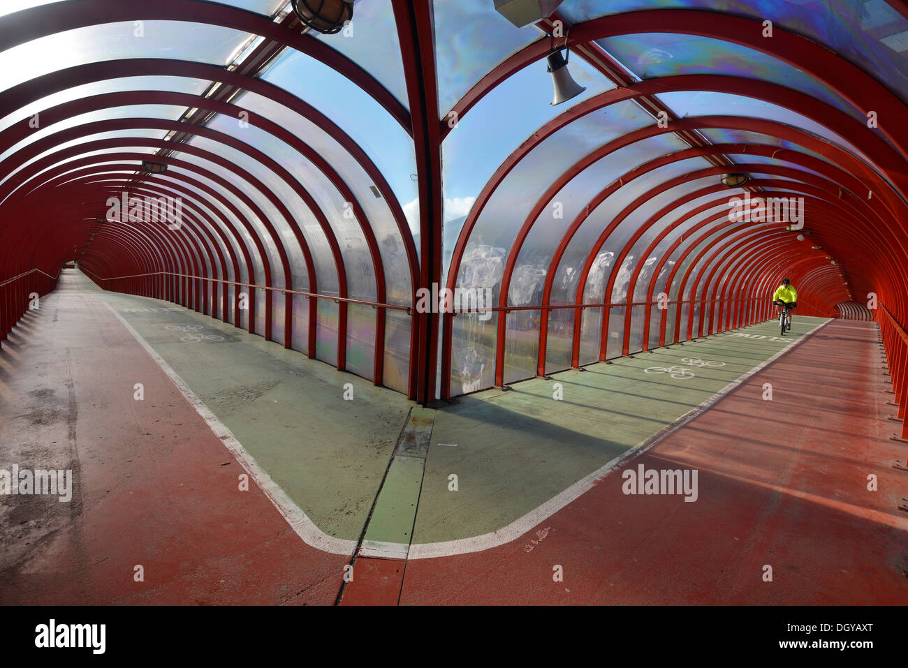 Cyclist is riding on a covered footbridge and bicycle bridge, Glasgow ...