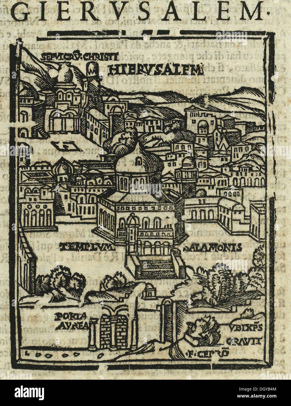 5548. Drawing of Jerusalem with the Temple mount in center. Woodcut ...