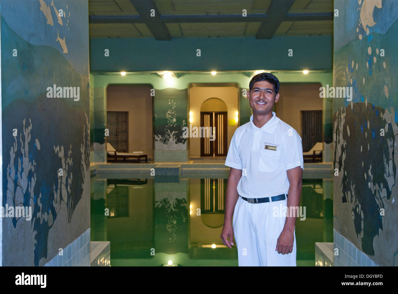Lifeguard at the pool hall of the Palace Hotel, Umaid Bhavan Palace ...