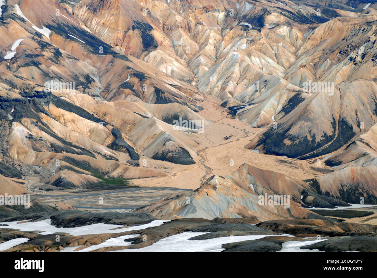 Aerial view, rhyolite mountains, Landmannalaugar, Iceland, Europe Stock ...