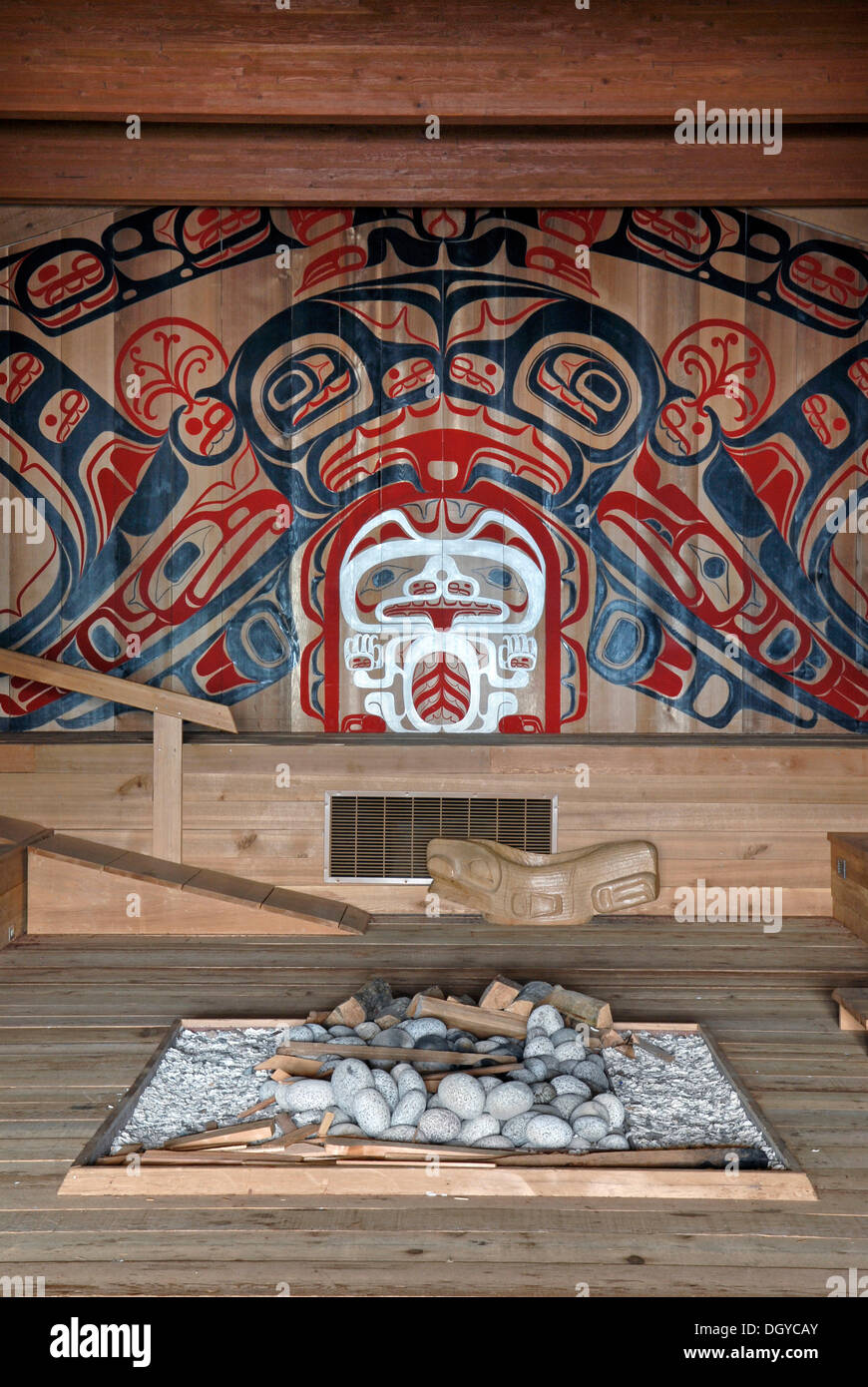 Wall painting with white grizzly and orca behind a fireplace, community ...