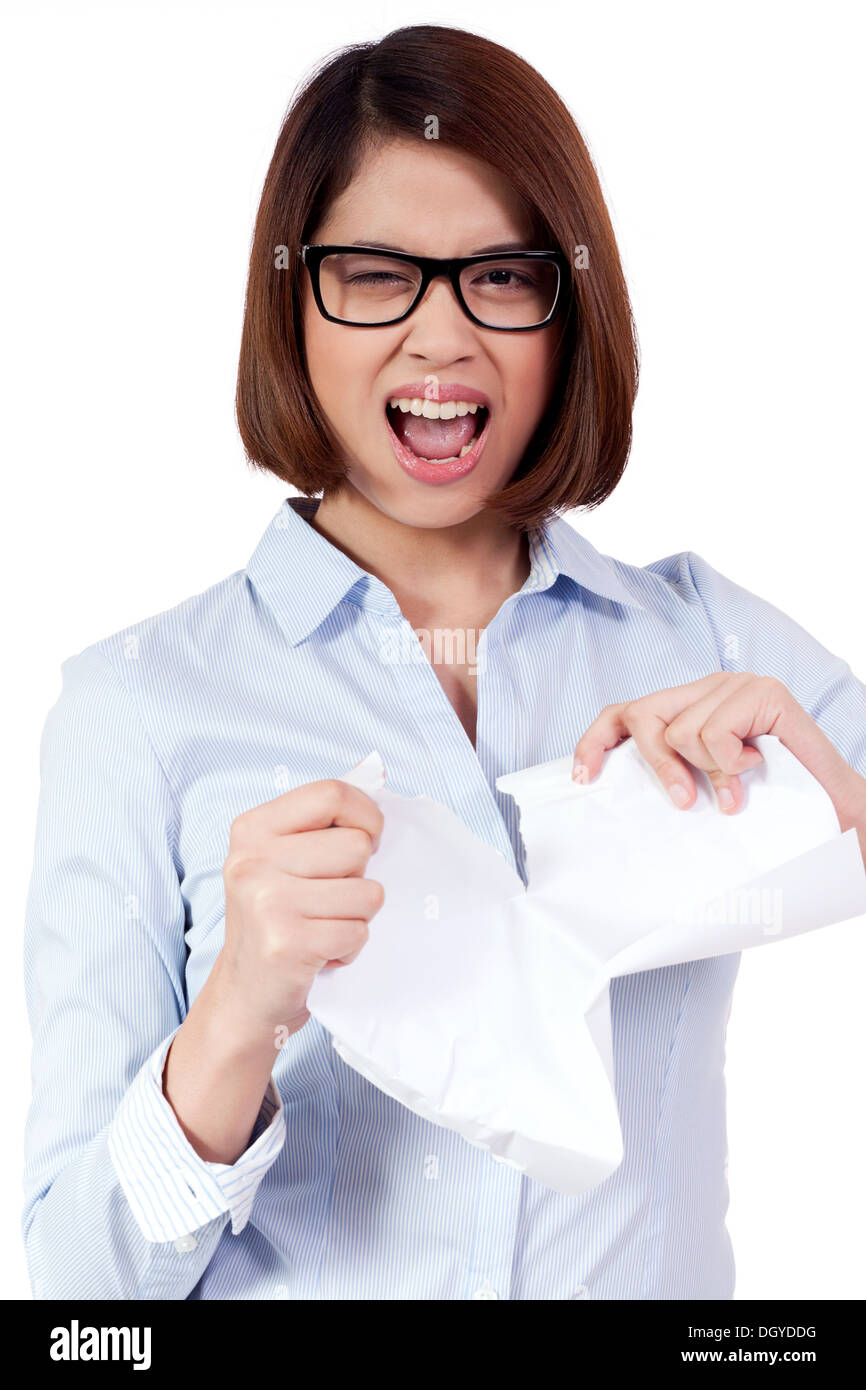 young frustrated asian business woman with paperwork crumpled isolated ...