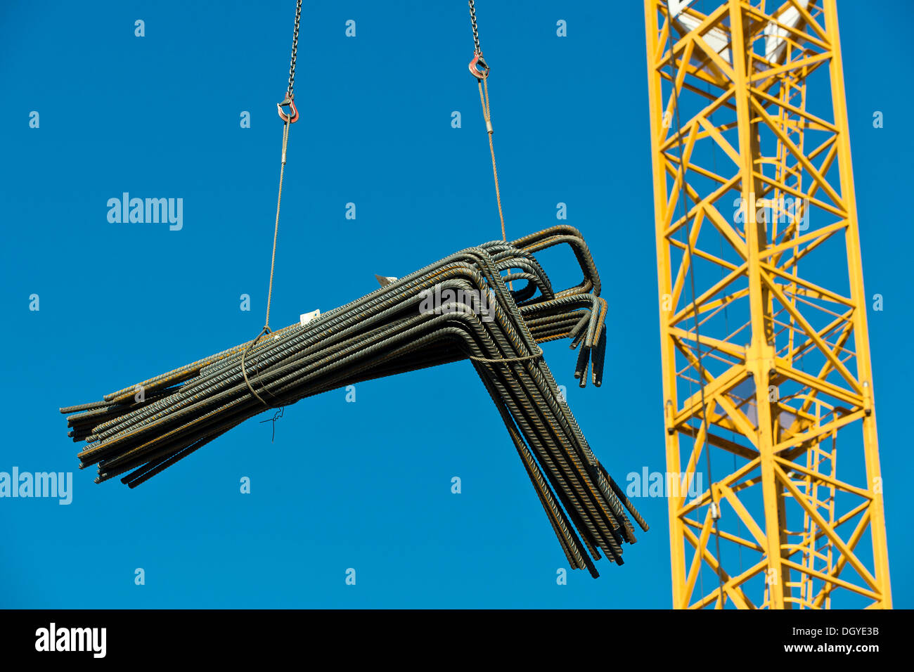 Reinforcing steel being lifted by a crane, on steel cables, Stuttgart ...