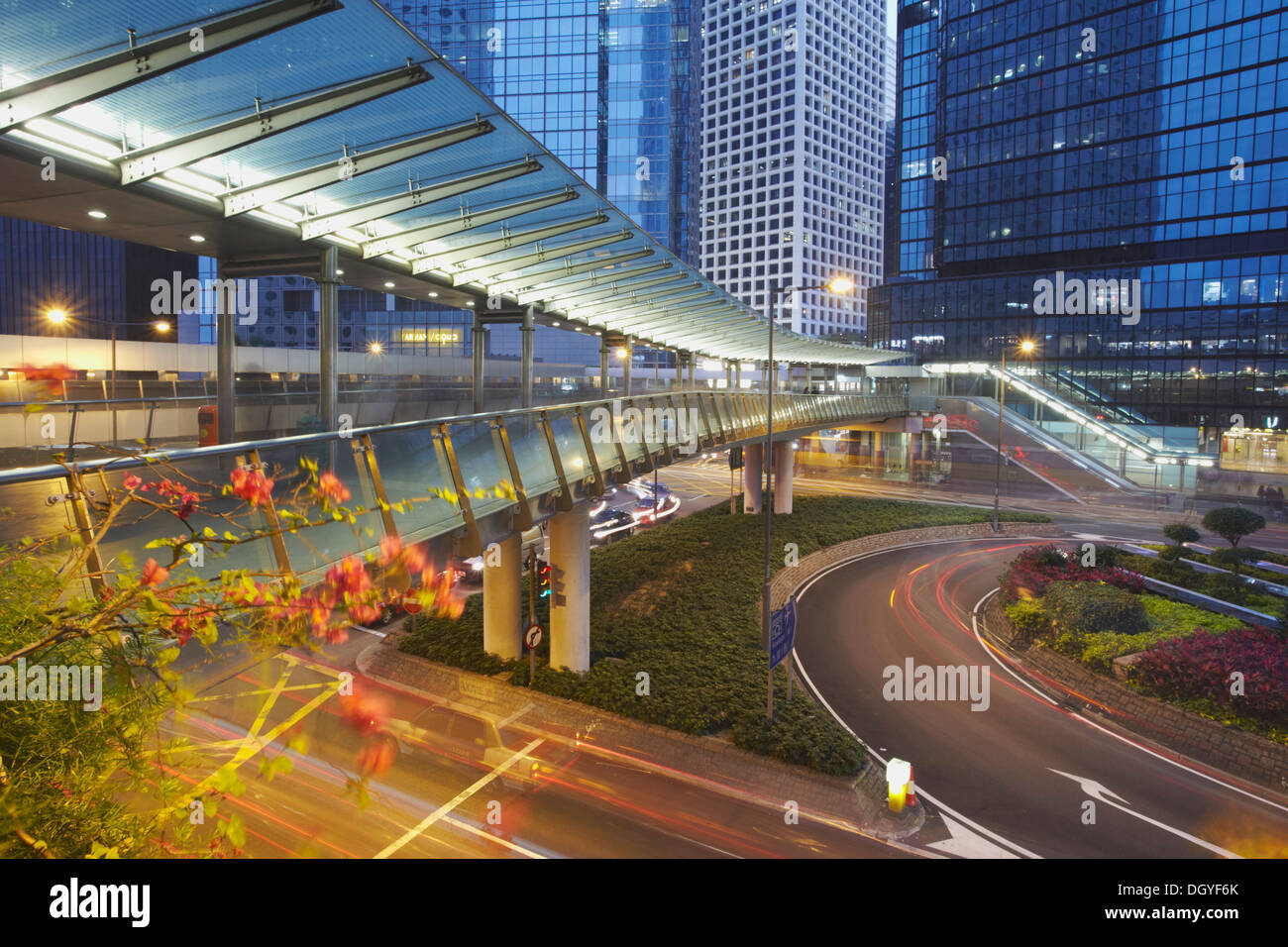 Footbridge over Connaught Road at dusk, Central, Hong Kong, China Stock ...