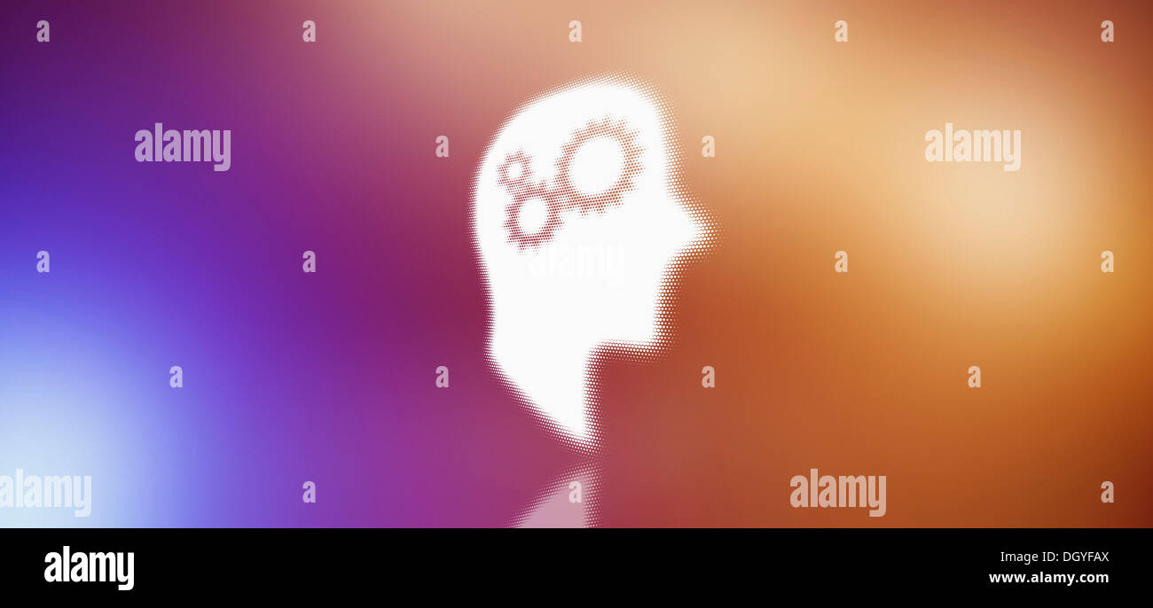 Graphic of a man in profile with a cogs in his head Stock Photo - Alamy