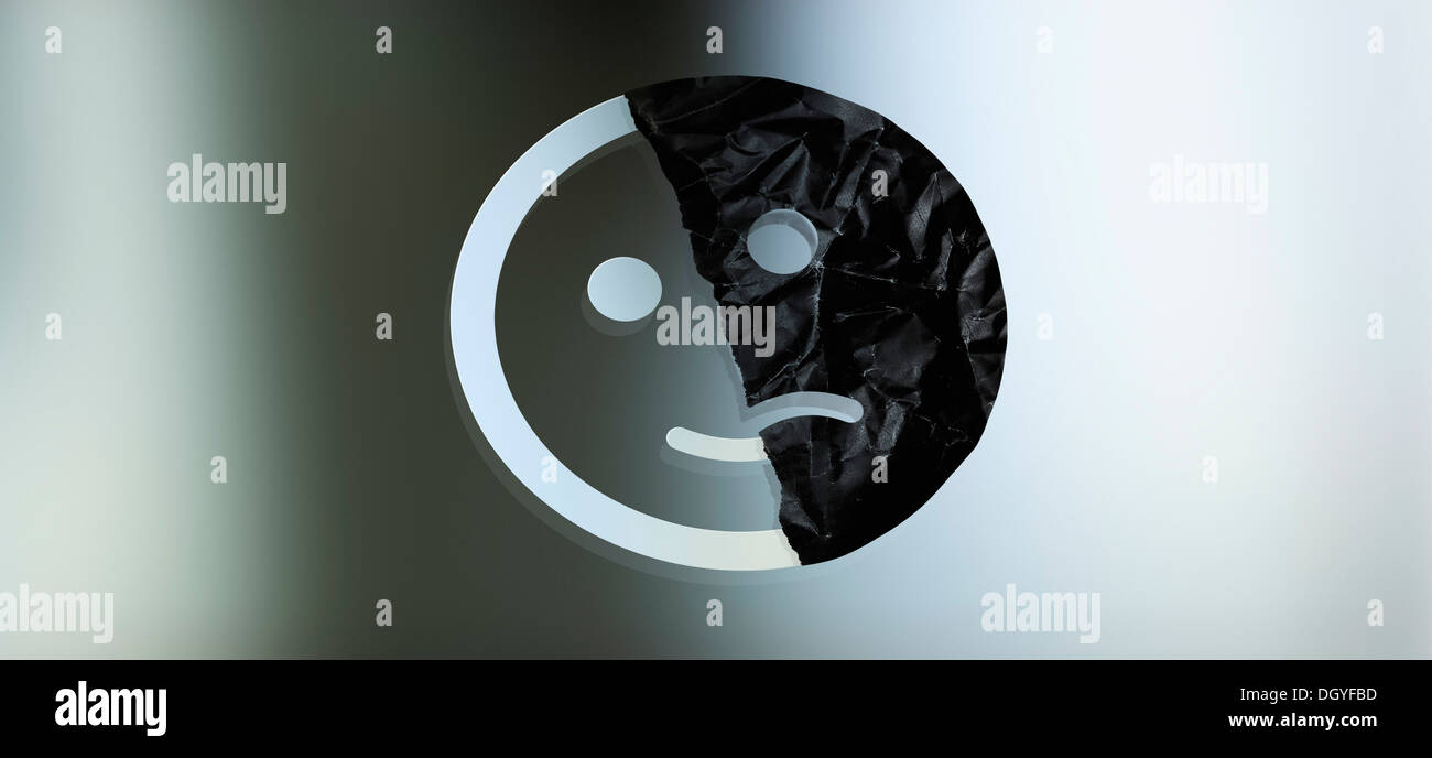 Graphic of a face half smiling and half sad against a gradient ...