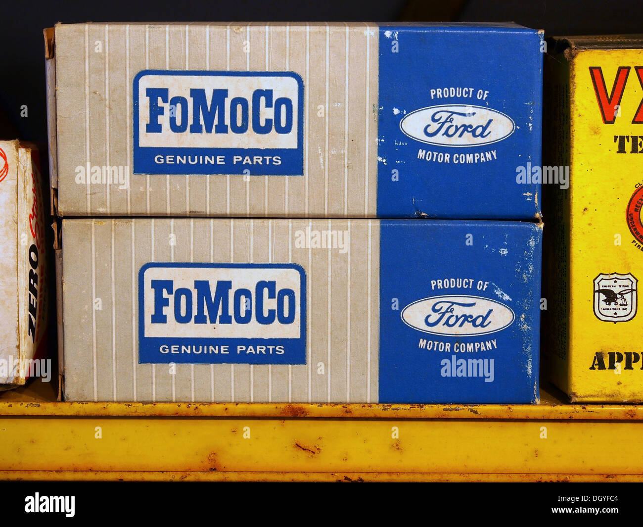 A collection of old Ford products, including FoMoCo items, displayed in ...
