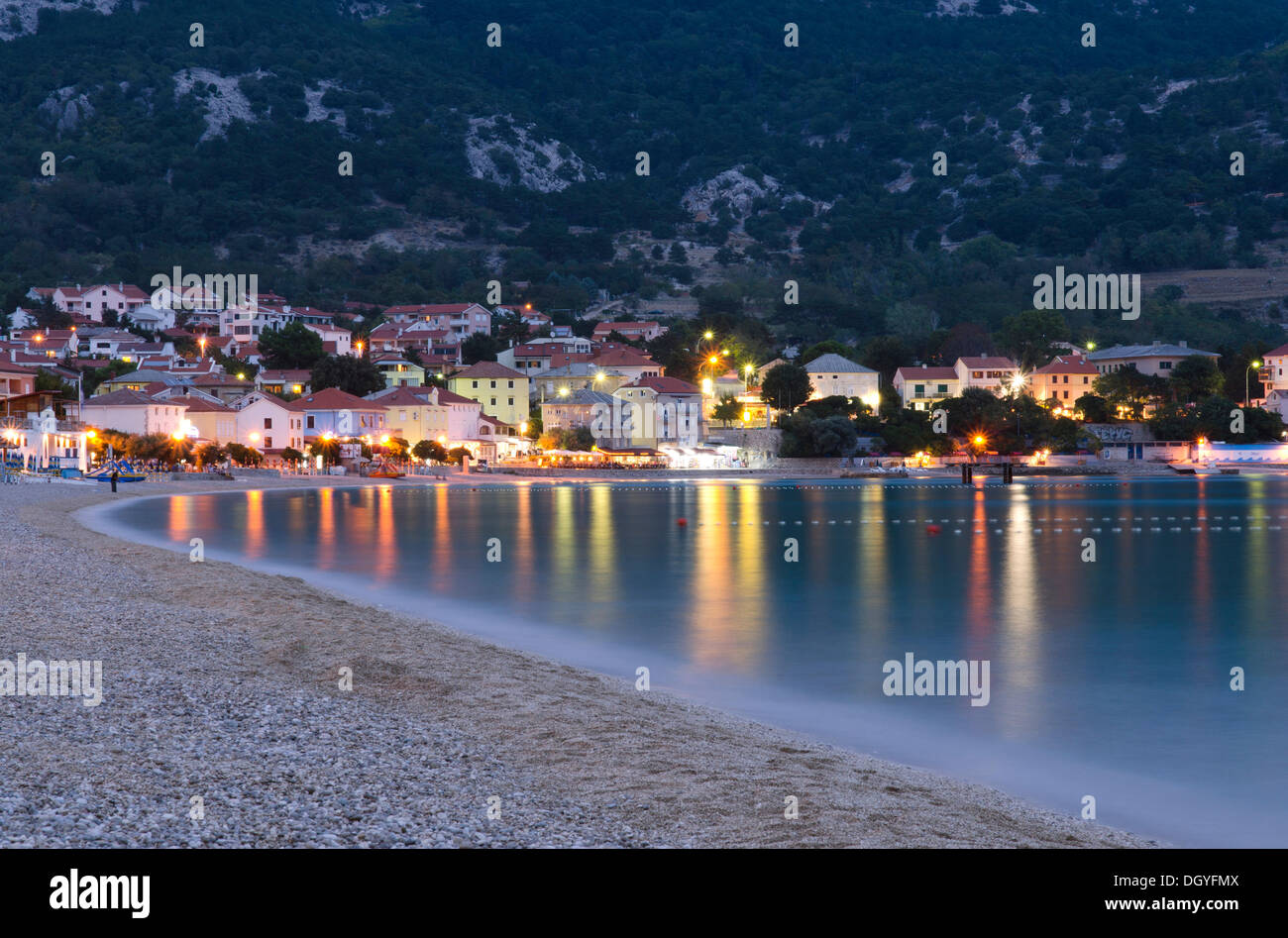 Beach and the town of Baska at night, Krk Island, Adriatic Sea, Kvarner ...