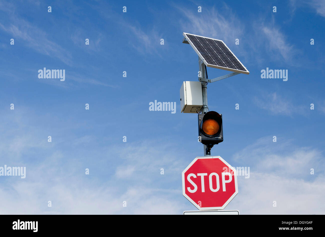Solar cells providing the energy for a warning light at an intersection ...