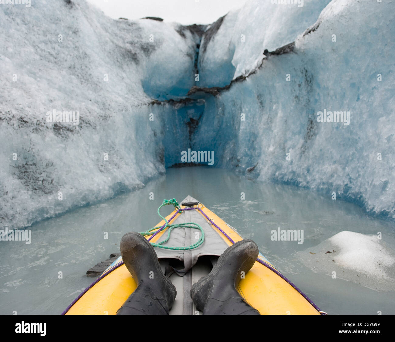 Kayaking between canal walls of Valdez Glacier, Alaska, USA Stock Photo ...