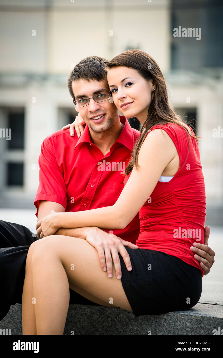 Lifestyle photo of young business people dating together in street ...