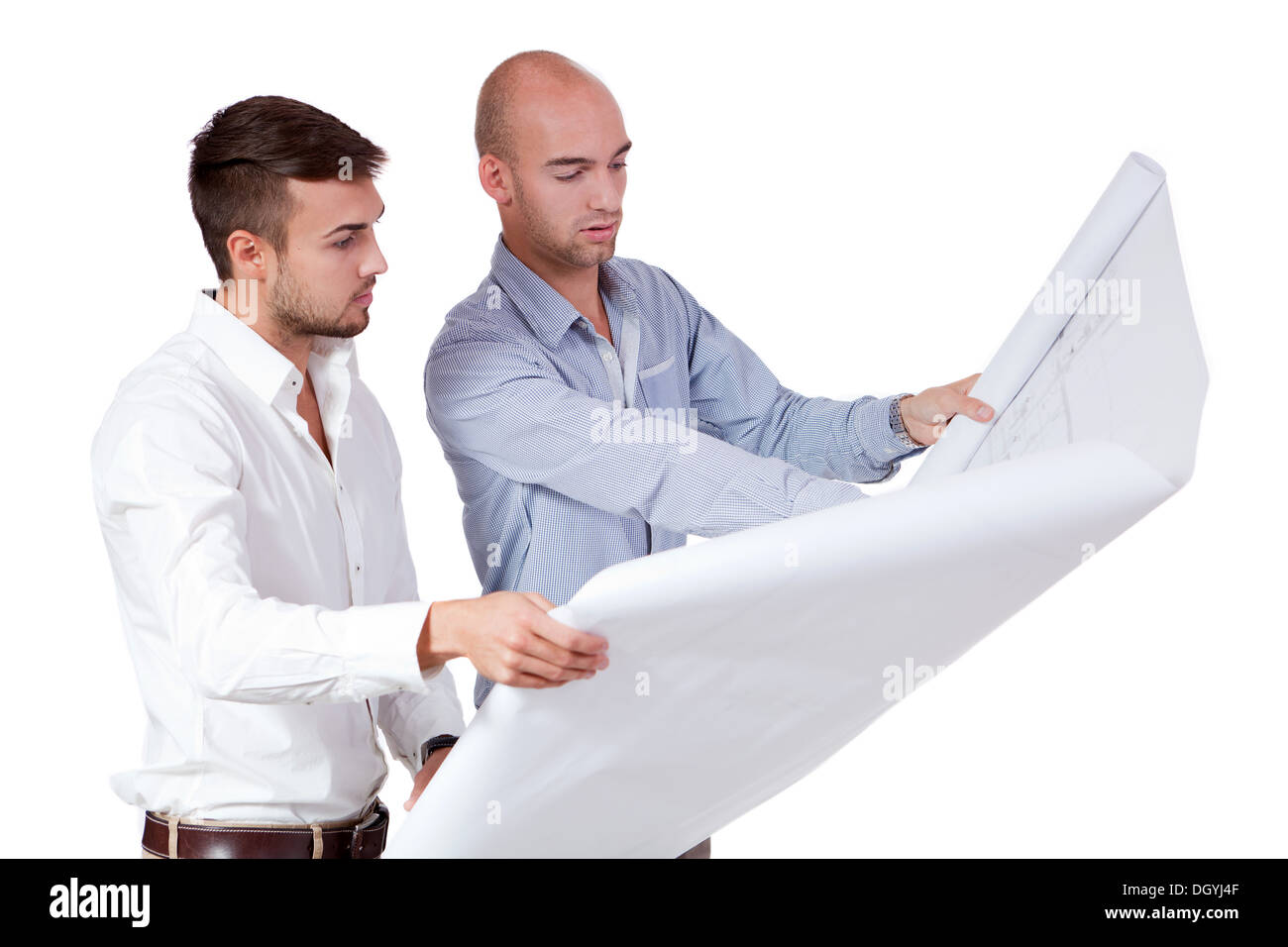 young adult businessman architect with blueprint portrait isolated ...