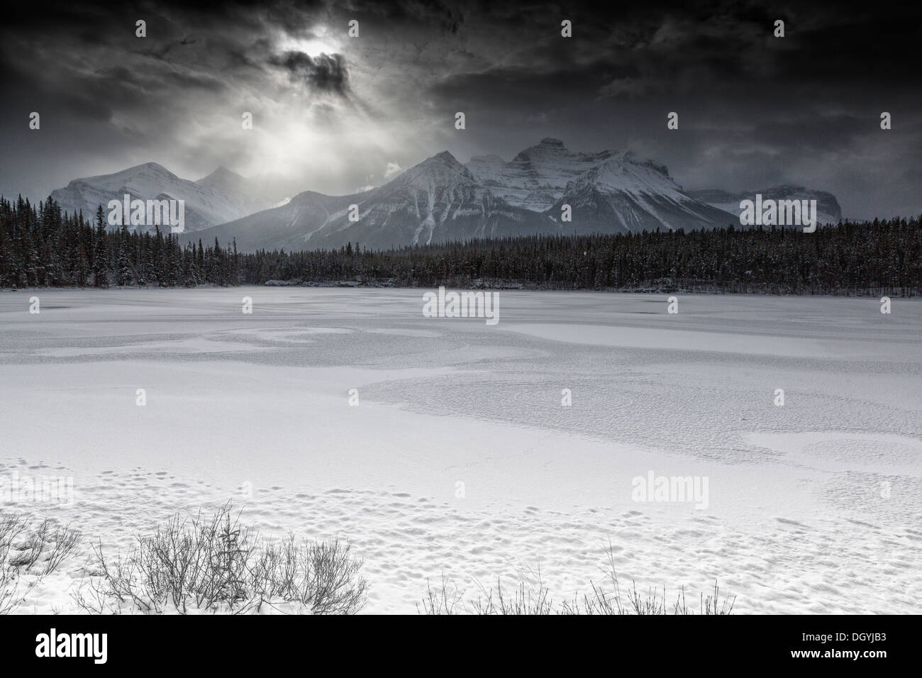 A frozen Herbert Lake in winter - Jasper National park, Canada Stock ...