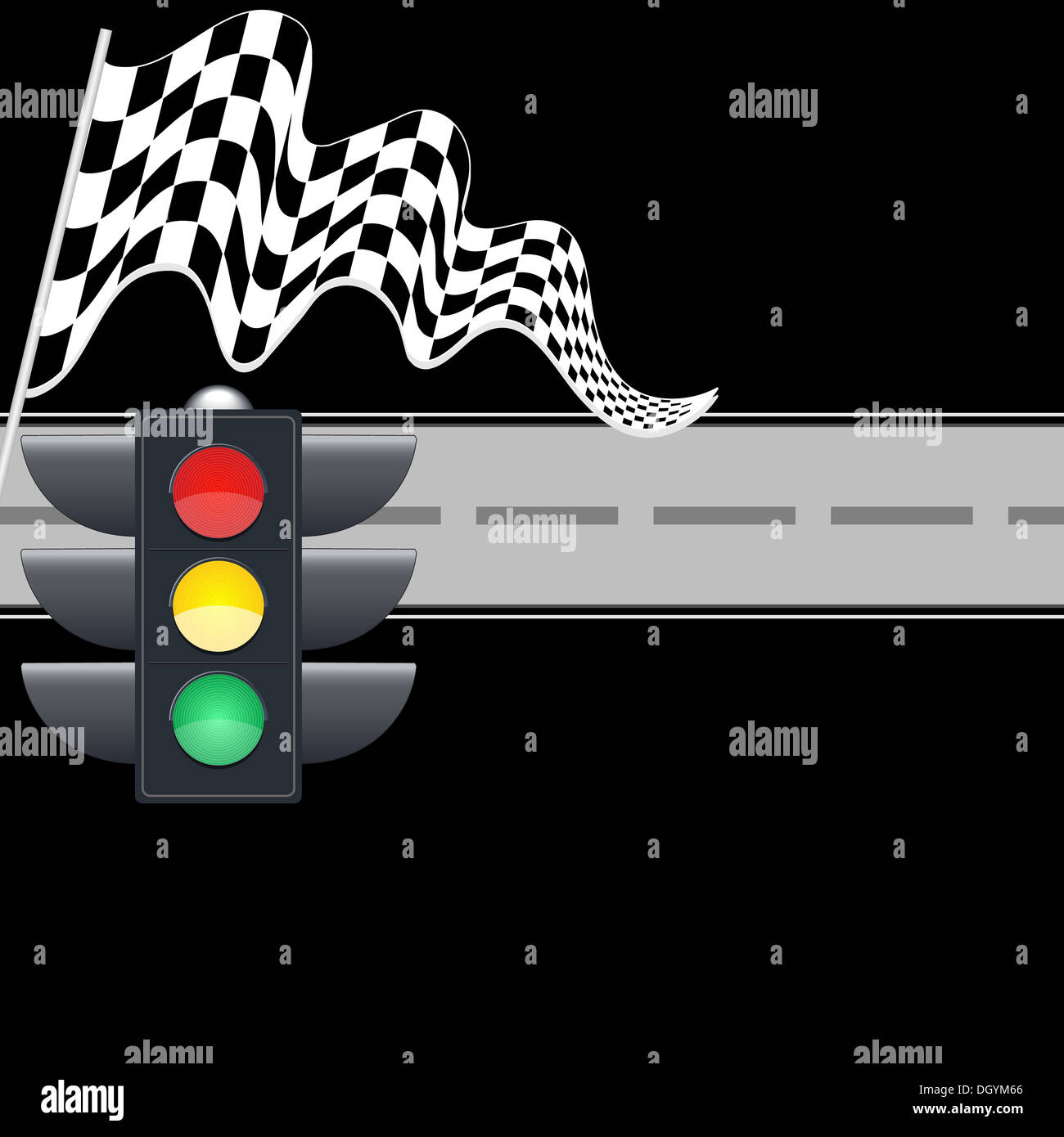 Traffic light with checkered flag and road Stock Photo - Alamy