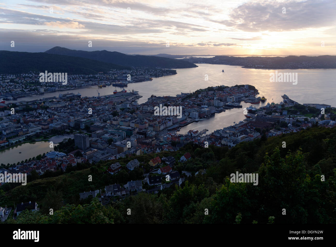Bergen seen from Mount Floeyen at sunset, Bergen, Norway Stock Photo ...