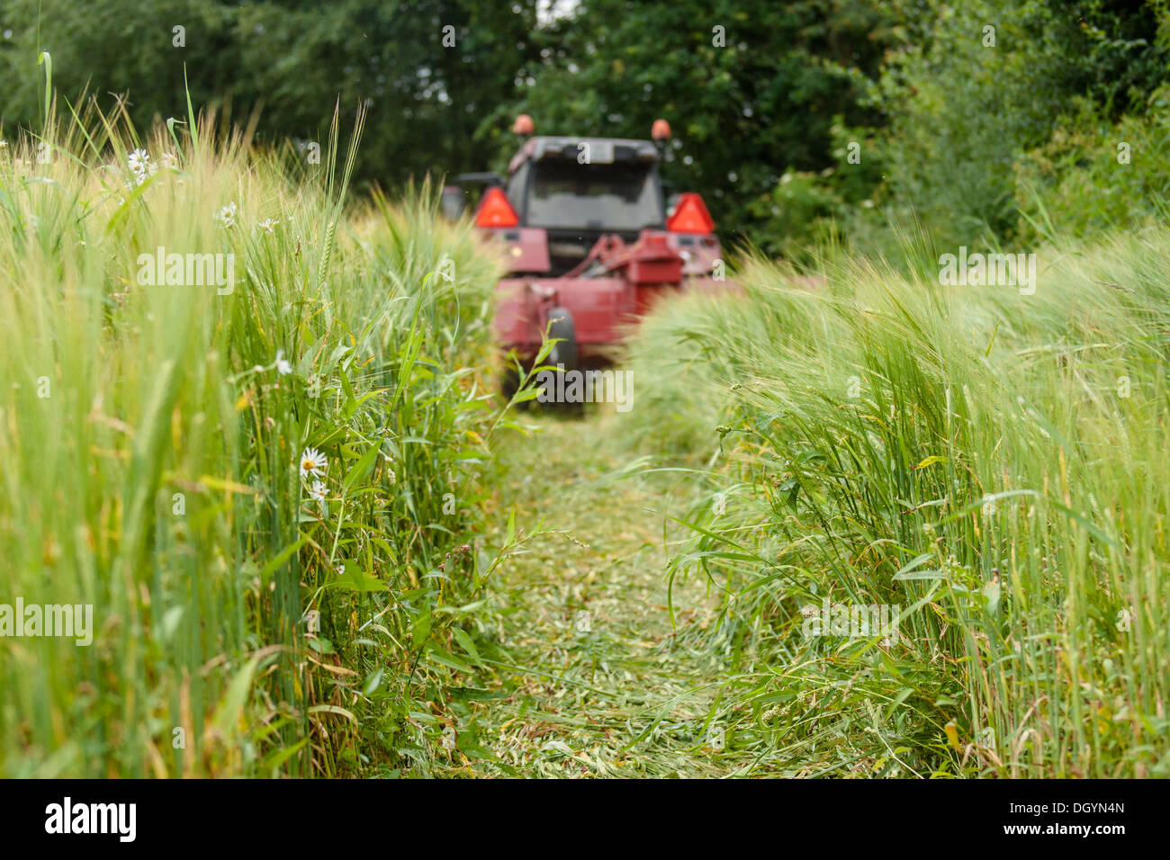 Tractor driving around on a green field Stock Photo - Alamy