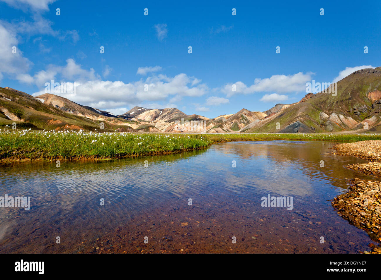 Small river and rhyolite mountains, Landmannalaugar, Iceland, Europe ...