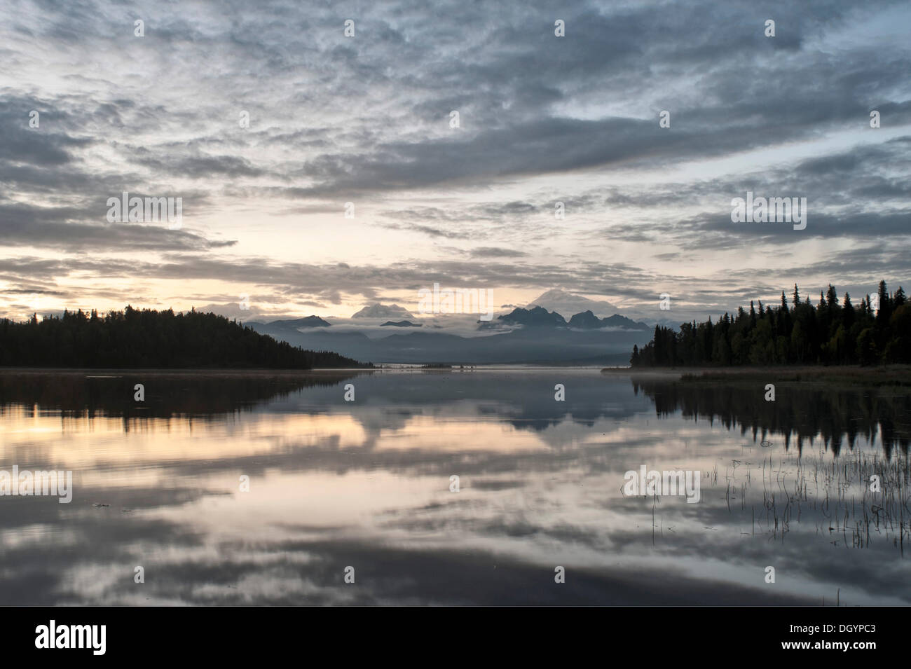 A view of Mt Denali and Mt Hunter in the Alaska Range from Swan Lake ...