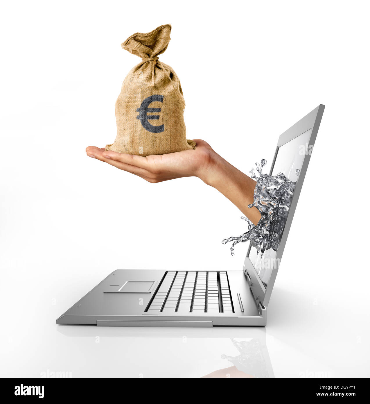 Man's hand, splashing out from a computer laptop screen, holding a bag ...