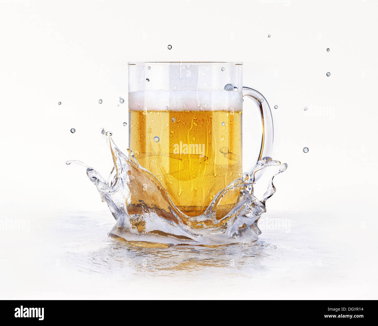 Mug of beer, with condensation droplets, splashing on a water surface ...