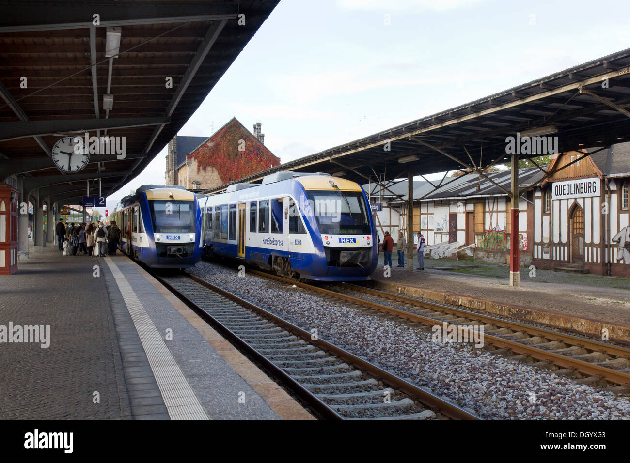 Diesel passenger trains at Quedlinburg train station, Harz,, Germany ...